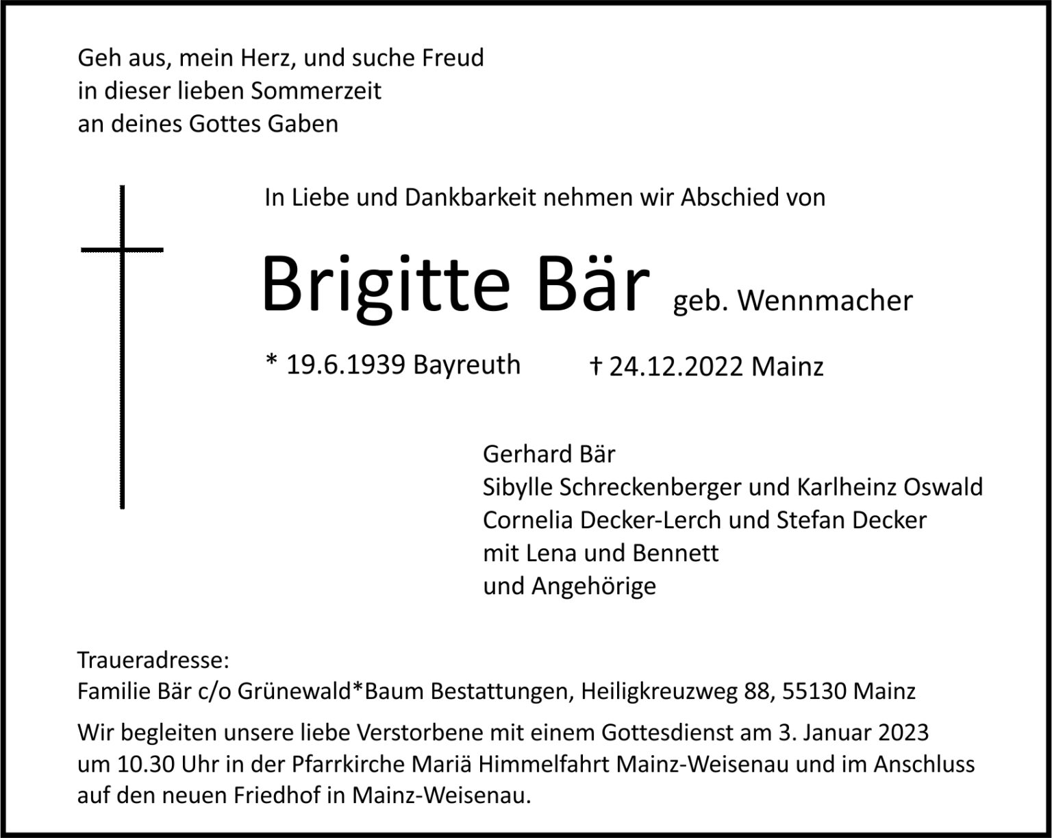Brigitte Bär † 24.12.2022 - Grünewald*Baum