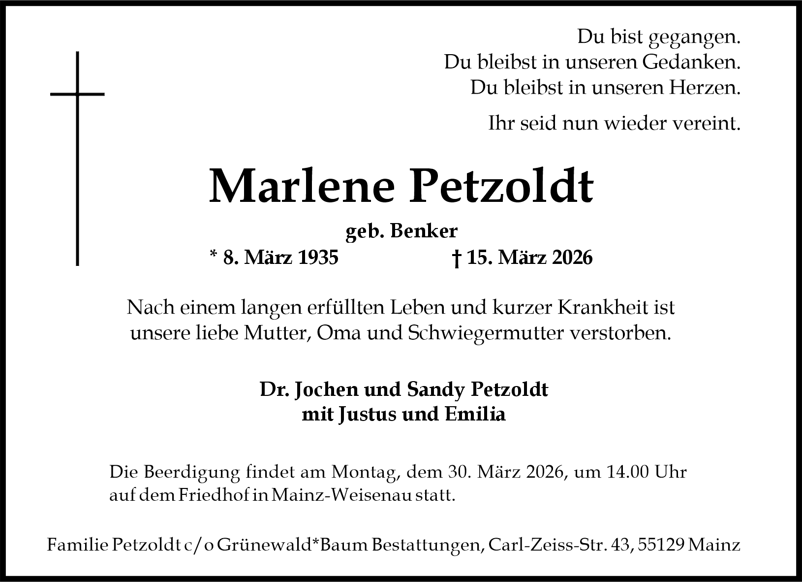 Marlene Petzoldt † 15.03.2026 - Grünewald*Baum